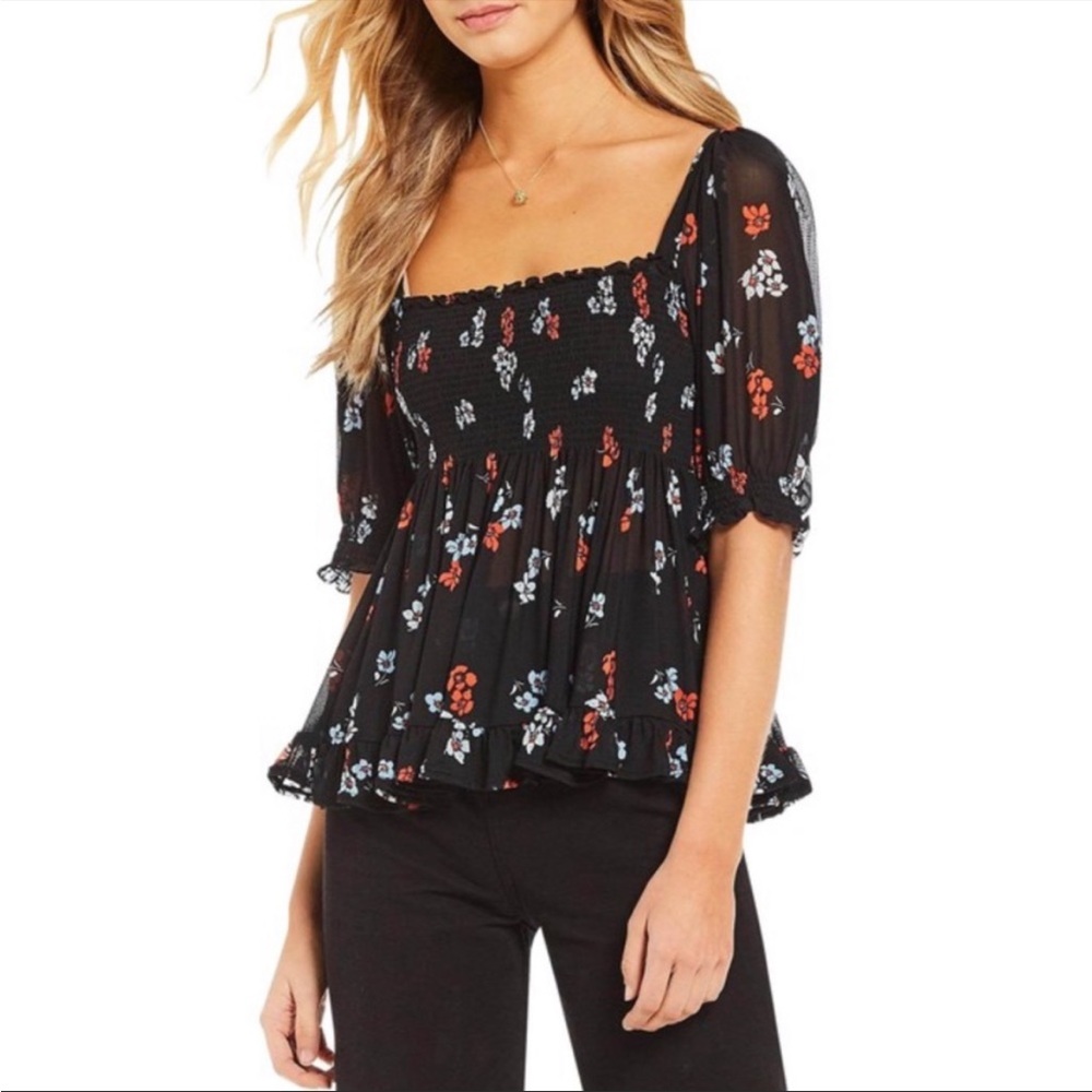 Free People Delta Dawn Black Floral Mesh Top - Gem